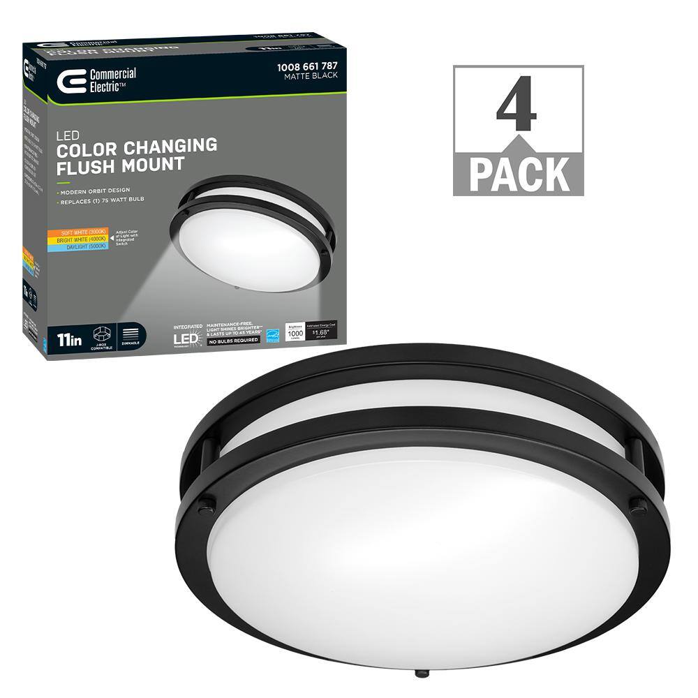 Commercial Electric 11 in. Matte Black Orbit Round LED Flush Mount ...