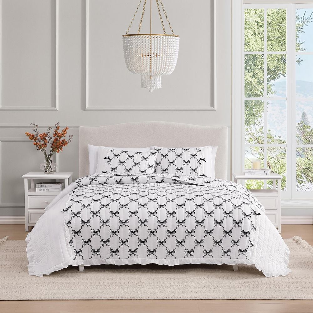 ALEX + BELLA Maisy Bows Black White 2-Piece All-Season Embellished Ruffle Microfiber Reversible ...