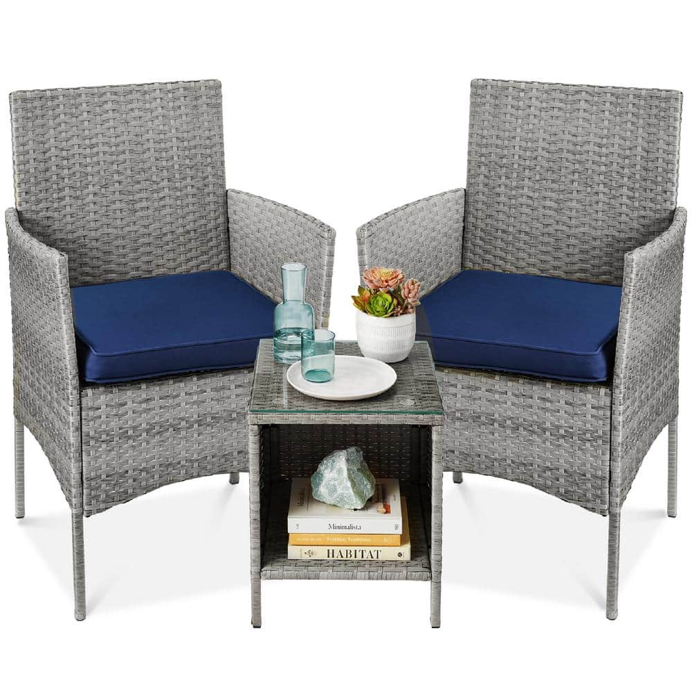 Best Choice Products 3 Piece Outdoor Wicker Conversation Patio Bistro Set w 2 Chairs Table Gray Navy