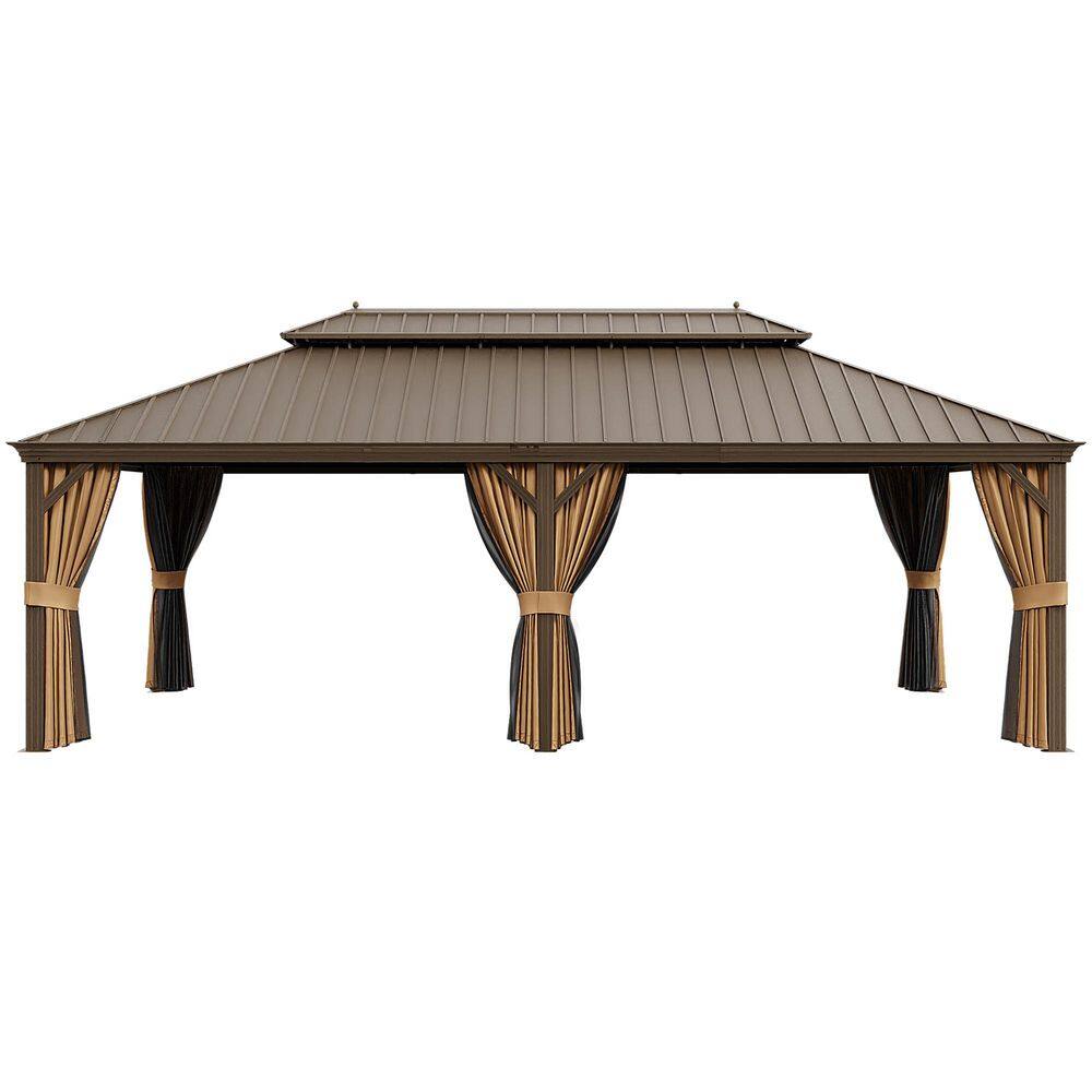 JOYSIDE 24 ft. x 14 ft. Aluminum Double Hardtop Gazebo with Tan Curtains and Mosquito Netting ...