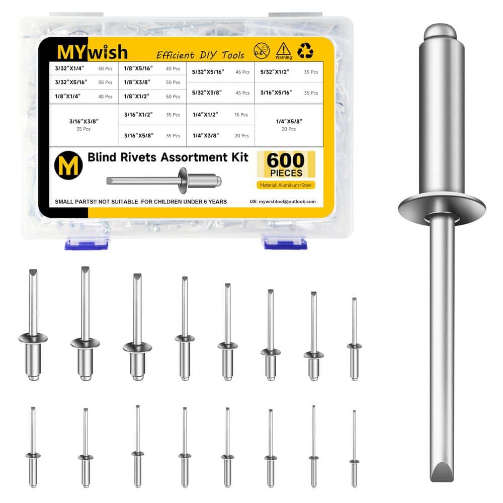 MYWISH 600-Piece Aluminum and Steel Blind Pop Rivet Assortment Kit (16 ...