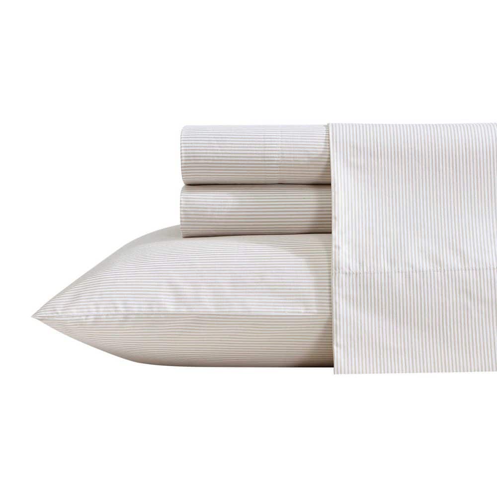 Nautica Penny Pinstripe 4-Piece Cream/Brown Percale Cotton King Sheet ...