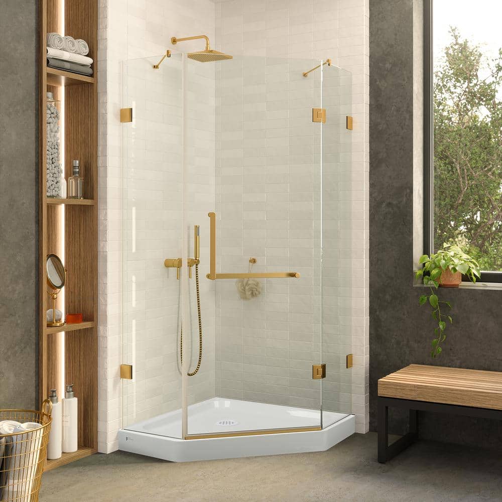 FINE FIXTURES 34 in. W x 34 in. D x 74 in. H Neo Angle Pivot Frameless Corner Shower Enclosure ...