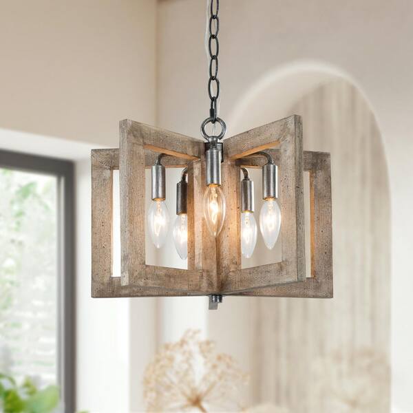 Uolfin 5-Light Grey Wood Cage Frame Chandelier Flush Mount Ceiling ...