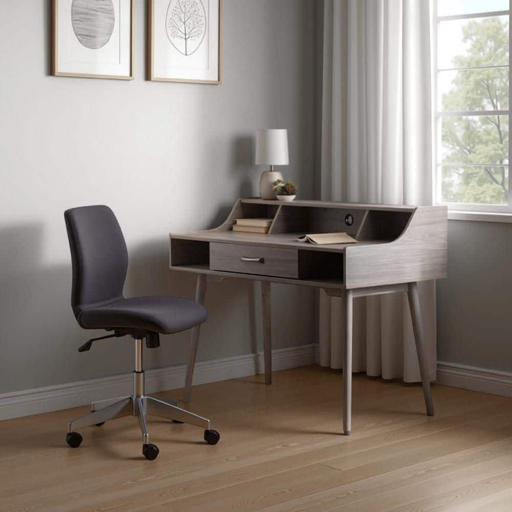 Benjara Jesa 23.62 in. Rectangular Oak Gray Wood 1-Drawer Writing Desk ...
