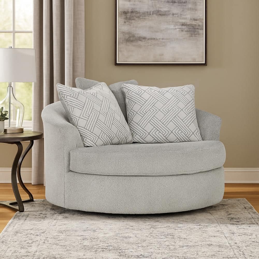 Benjara Viney Cement Gray Polyester Swivel Round Oversize Chair with 3 ...