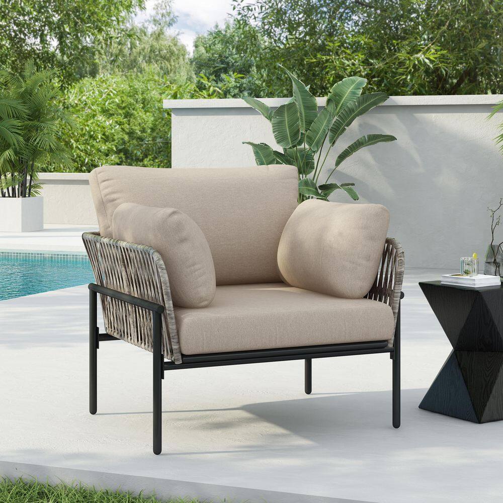 36 in. Metal Outdoor Lounge Chair with Rope Weave Design and Beige ...