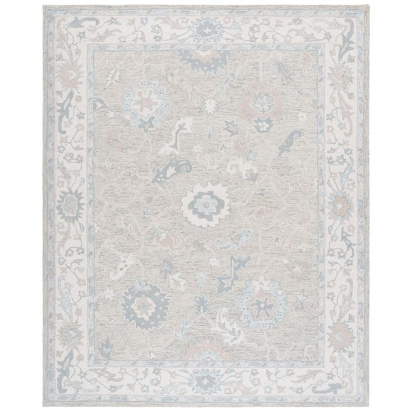 SAFAVIEH Ebony 9 ft. x 12 ft. Light Gray/Ivory Floral Border Area Rug ...