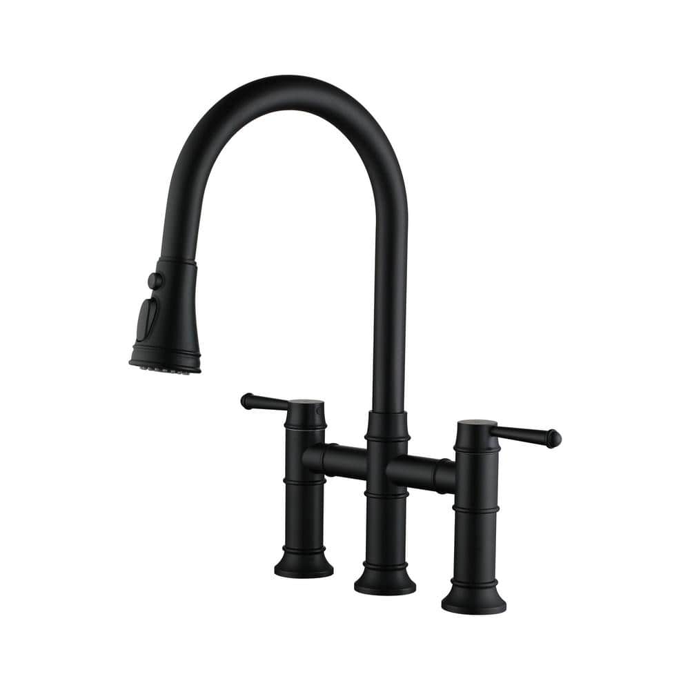 Dimakai Double Handle Bridge Pull-Down Kitchen Faucet with 3-Function ...