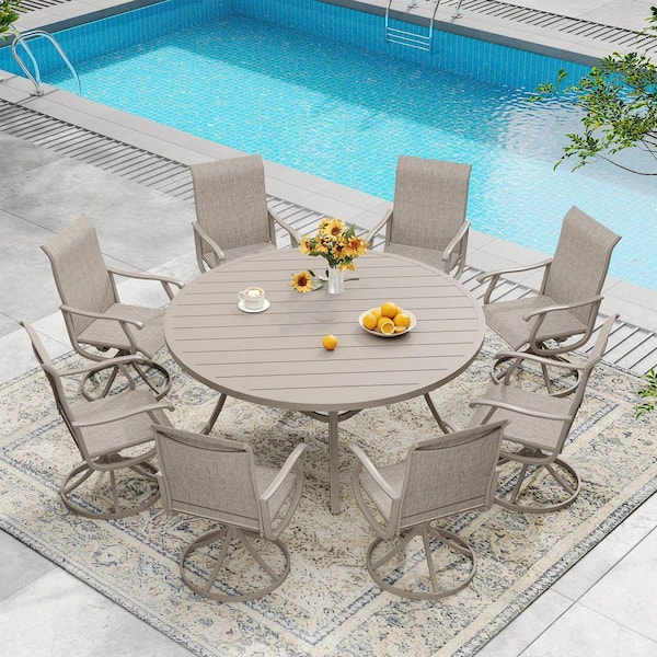 DIFY All Weather 9-Piece Metal Outdoor Dining Set with 60 in. Sandshell ...