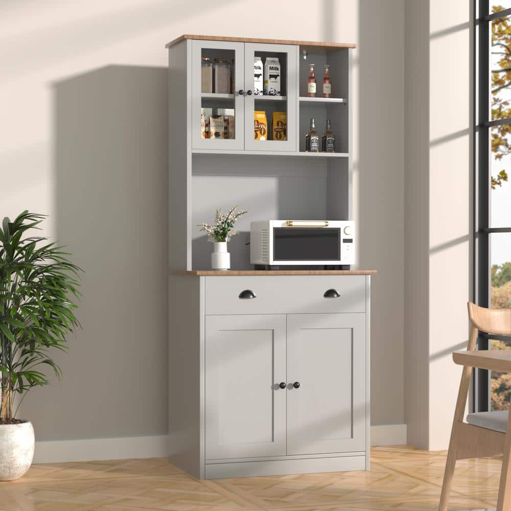 VEIKOUS Gray MDF Sideboard Food Pantry Kitchen Buffet and Hutch with 3 ...