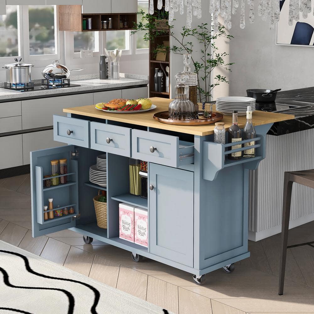 FAMYYT Blue Rolling Rubberwood Countertop 53 in. Kitchen Island Cart ...