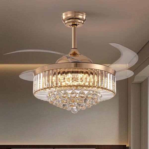 WDETR 52 in. Indoor Gold Smart Retractable Crystal Ceiling Fan with ...
