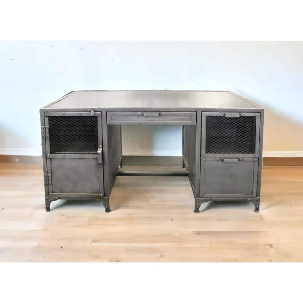 HomeRoots 56 in. Rectangular Gray Iron 3-Drawer Computer Desks ...