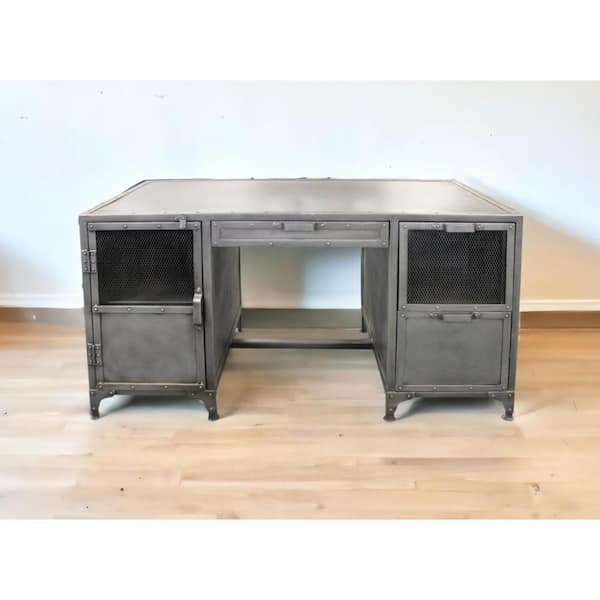 HomeRoots 56 in. Rectangular Gray Iron 3-Drawer Computer Desks ...
