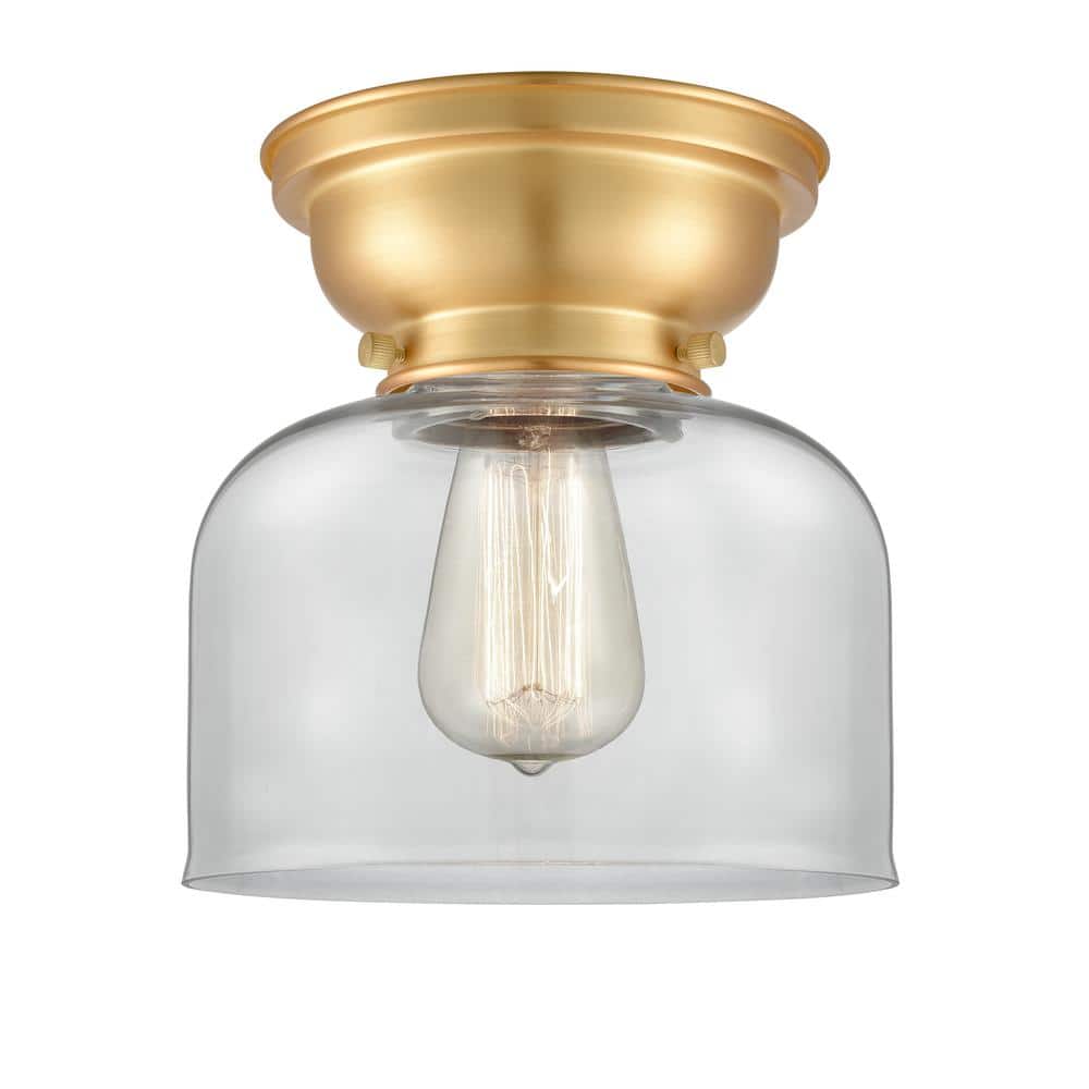 Innovations Bell 8 in. 1-Light Satin Gold Flush Mount with Clear Glass ...