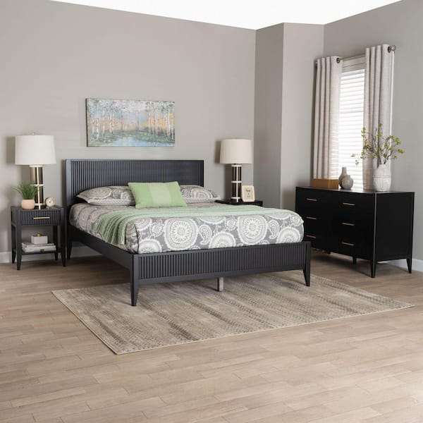 Baxton Studio Primrose 4-Piece Black Wood King Bedroom Set ...