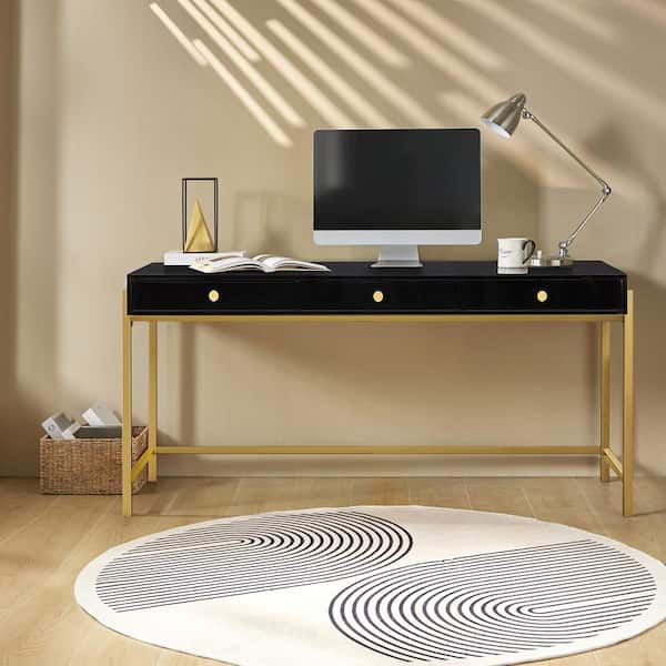 JAYDEN CREATION Zulma Modern Black 64 in. 3 Storage Drawers Writing Desk with Polished Paint finished Desktop DKHN0066 BLACK The Home Depot