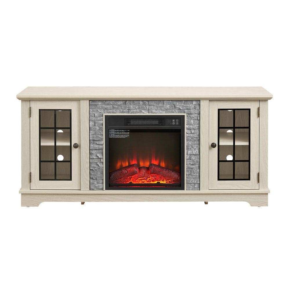 SUNRINX 58 in. Freestanding Faux Stone 18 in. Electric Fireplace TV ...