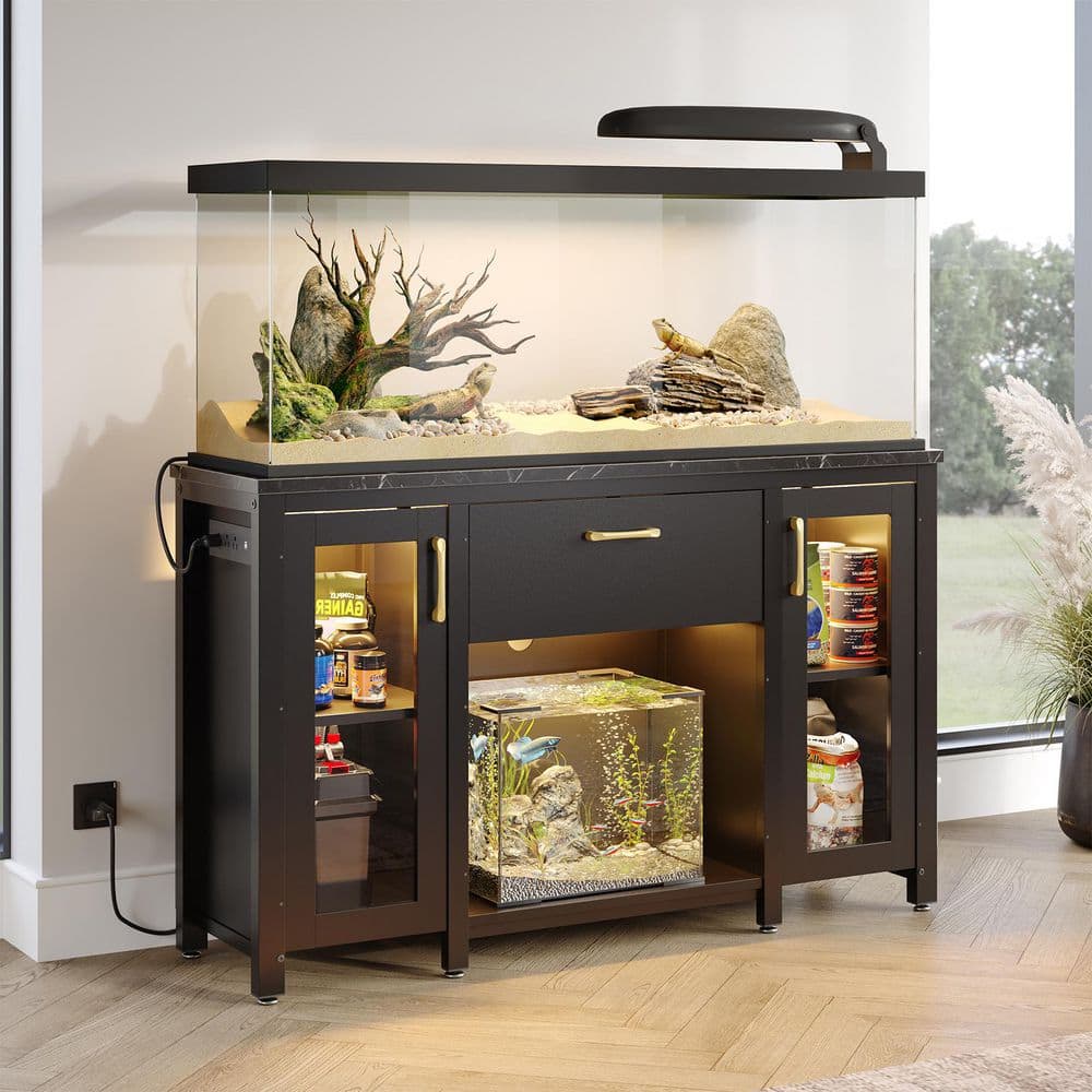 Bestier Black 30 in. 55 gal. Aquarium Stand with Dual Glass Cabinet ...