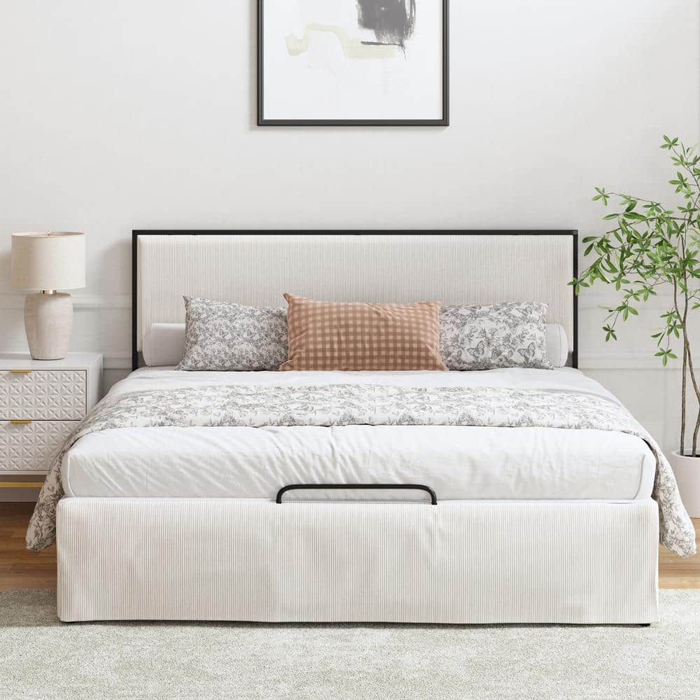 JAYDEN CREATION Nicky White Wooden and Metallic Frame King Platform Bed ...