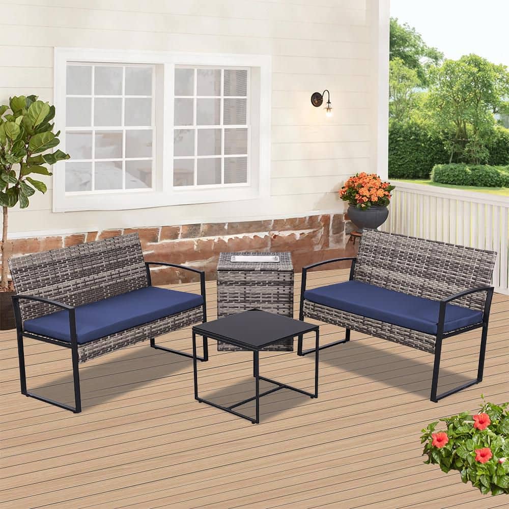 Modern 4-Piece Gray Wicker Outdoor Patio Conversation Set with Blue ...