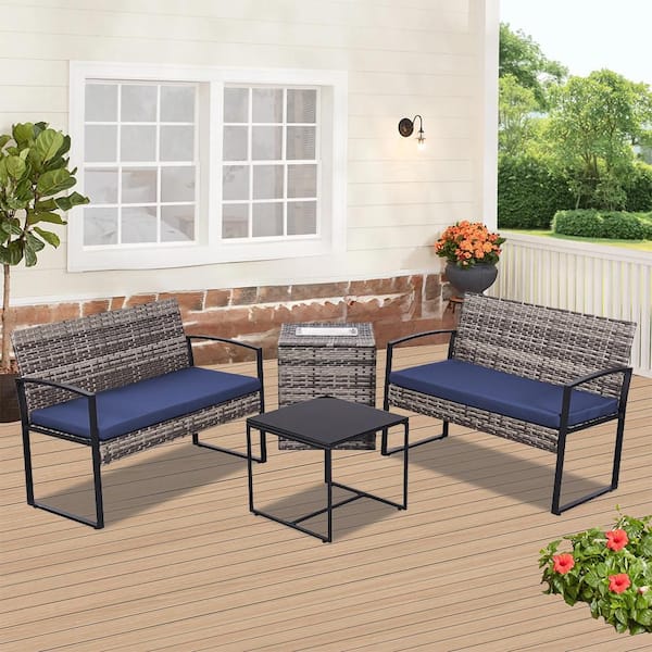 Modern 4-Piece Gray Wicker Outdoor Patio Conversation Set with Blue ...