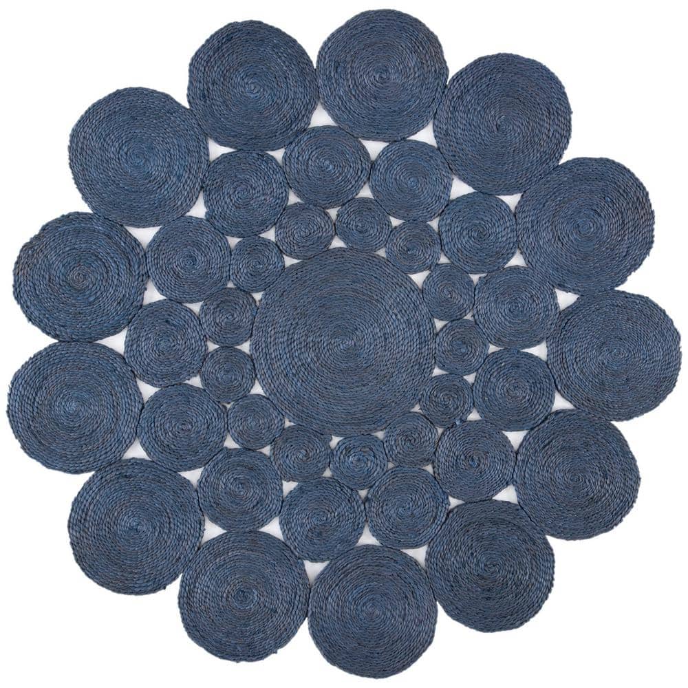 SAFAVIEH Natural Fiber Navy Doormat 3 ft. x 3 ft. Woven Floral Round ...