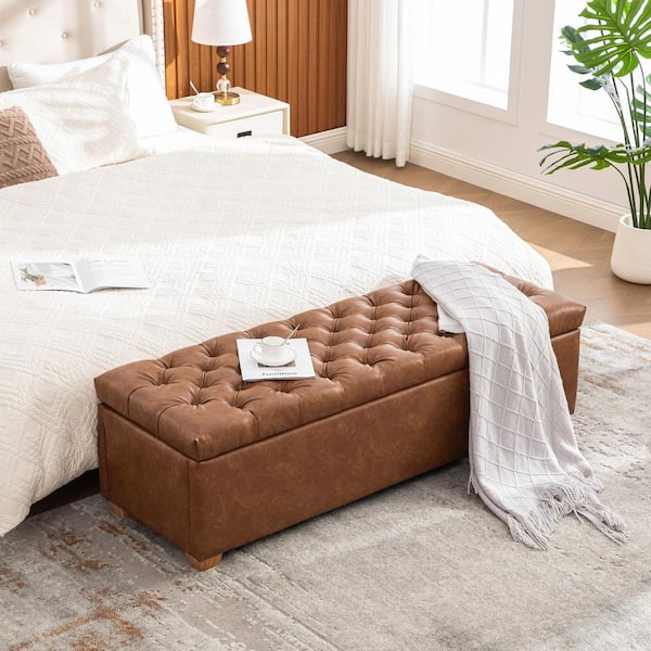 Seafuloy 60.2 in. Brown PU Upholstered Storage Bench with Flip-Top and ...