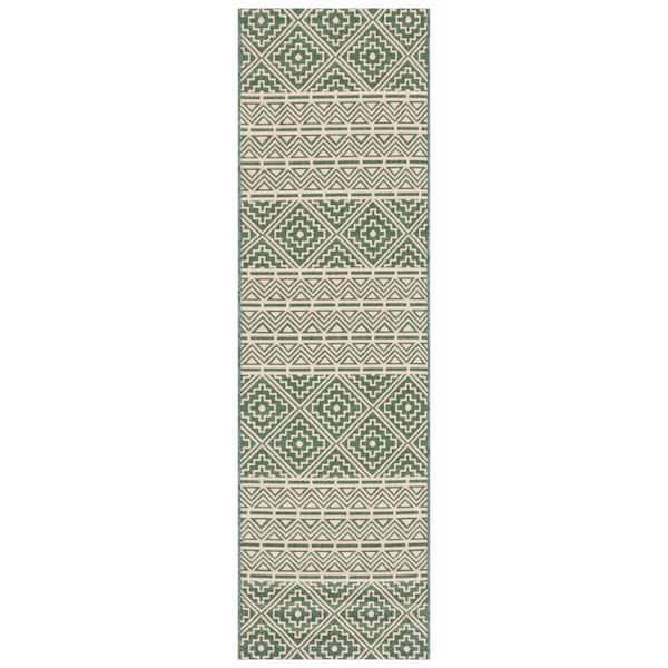 SAFAVIEH Courtyard Dark Green/Beige 2 ft. x 8 ft. Geometric Chevron ...