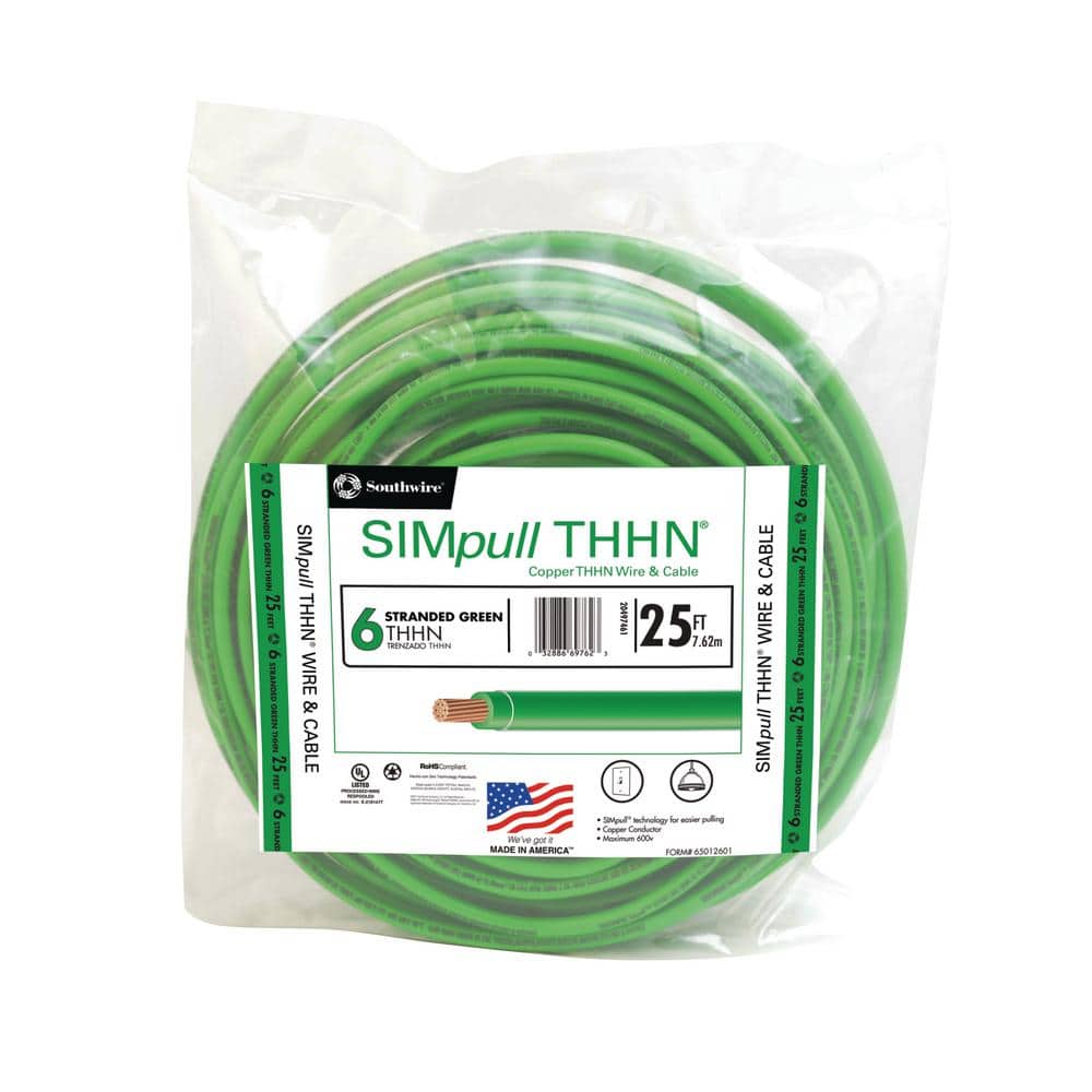 Southwire 25 ft. 6 Green Stranded CU SIMpull THHN Wire 20497461 - The ...