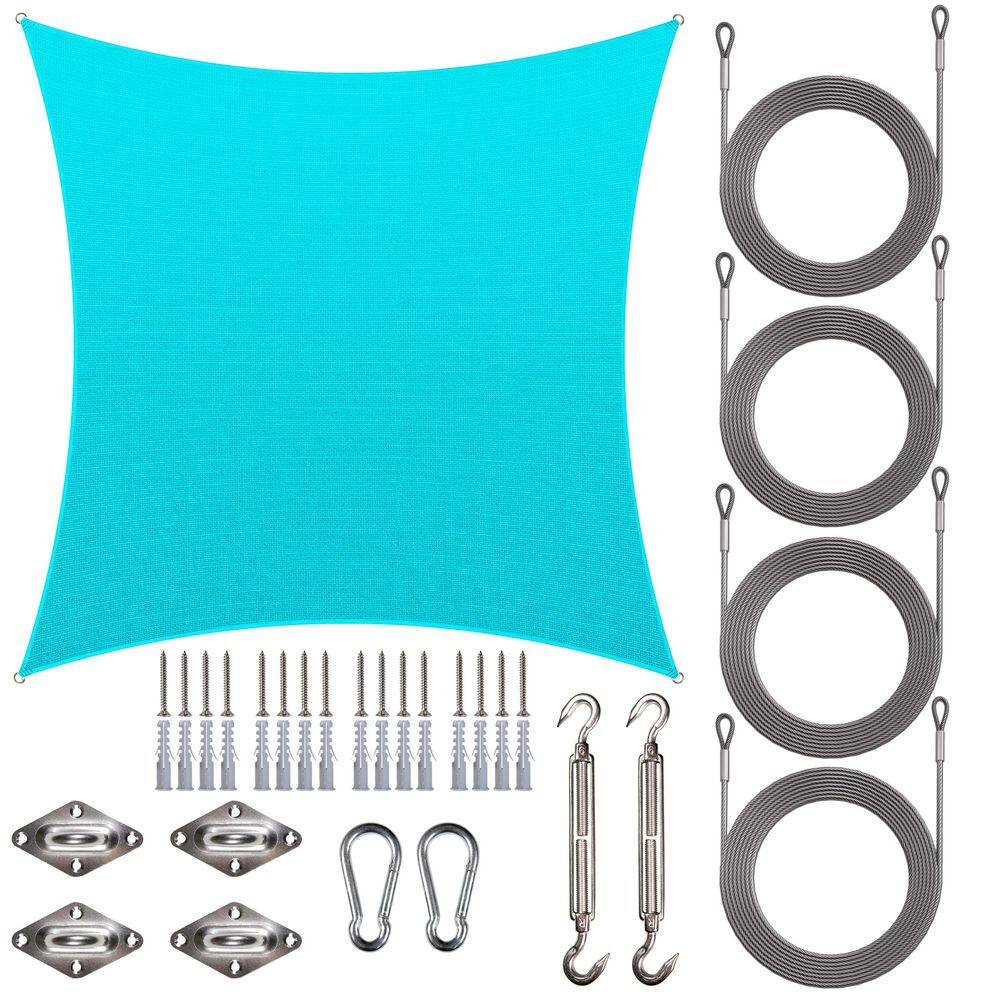 10 ft. x 10 ft. Sq. Sunshade Sail with Hardware Kit and Rope-Turquoise ...