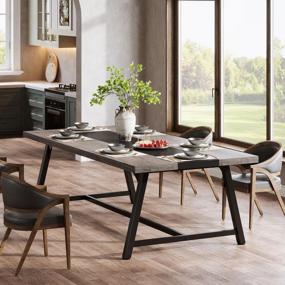 BYBLIGHT Roesler Industrial Grey Wood 70.87 in. 4 Legs Dining Table ...
