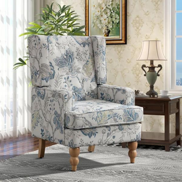 Bestier Modern Elegant Blue Upholstered Floral Accent Chair with Sturdy Wood Legs Wing back Armchair with High Back L503926M LVORY