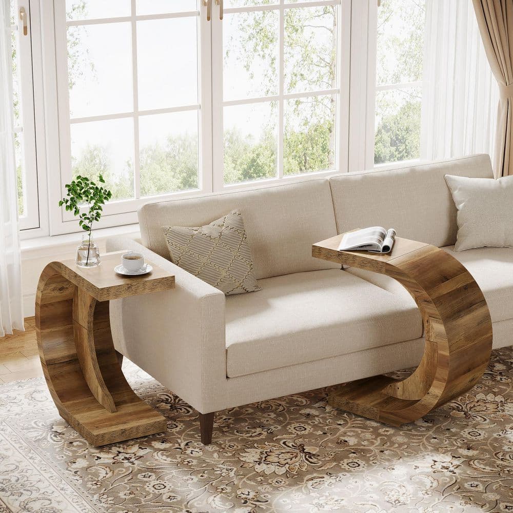 BYBLIGHT 25.59 in. Rustic Brown C-Shaped Engineered Wood End Table ...