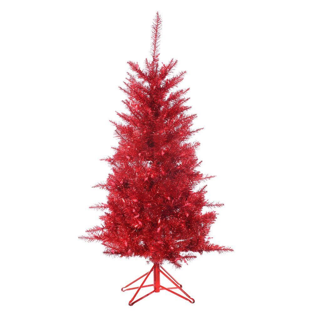 Sterling 4 ft. Pre-Lit Tiffany Red Tinsel Artificial Christmas Tree ...