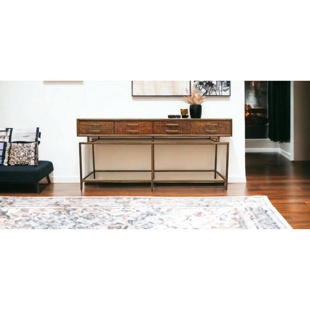HomeRoots 75 in. Brass Rectangle Wood Console Table with Storage ...