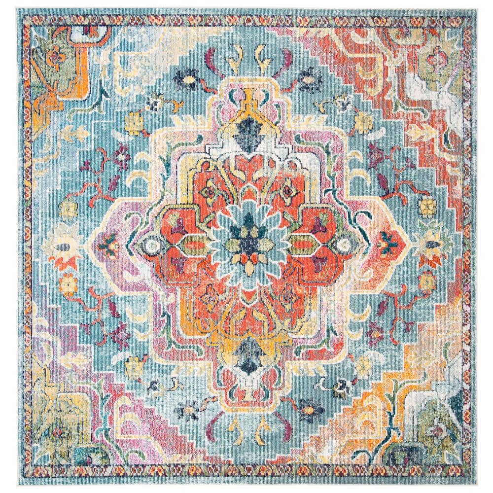 SAFAVIEH Crystal Teal/Orange 9 ft. x 9 ft. Square Border Area Rug ...
