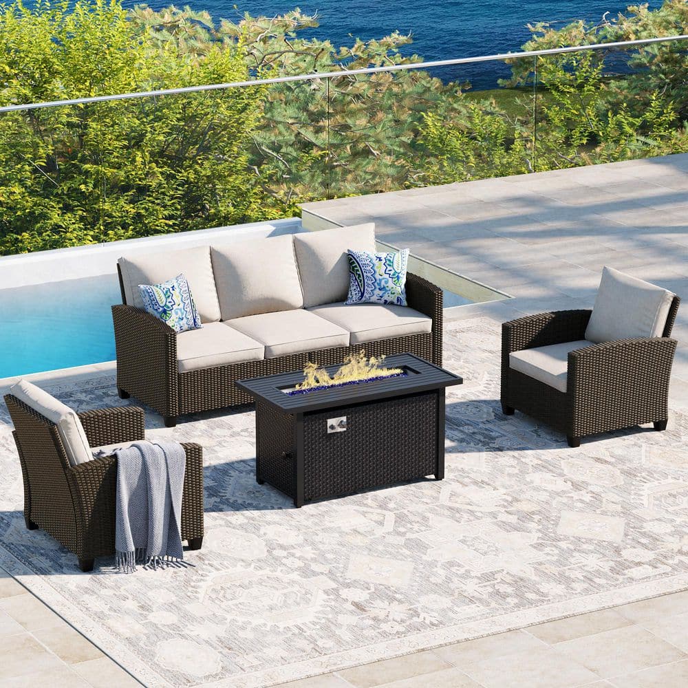 DIFY 4-Piece Wicker Outdoor Patio Conversation Set with Metal Fire Pit Table and Beige Cushions ...