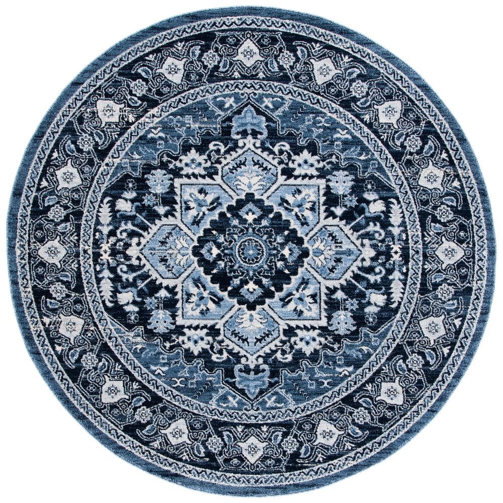 SAFAVIEH Charleston Navy/Blue 7 ft. x 7 ft. Border Floral Round Area ...