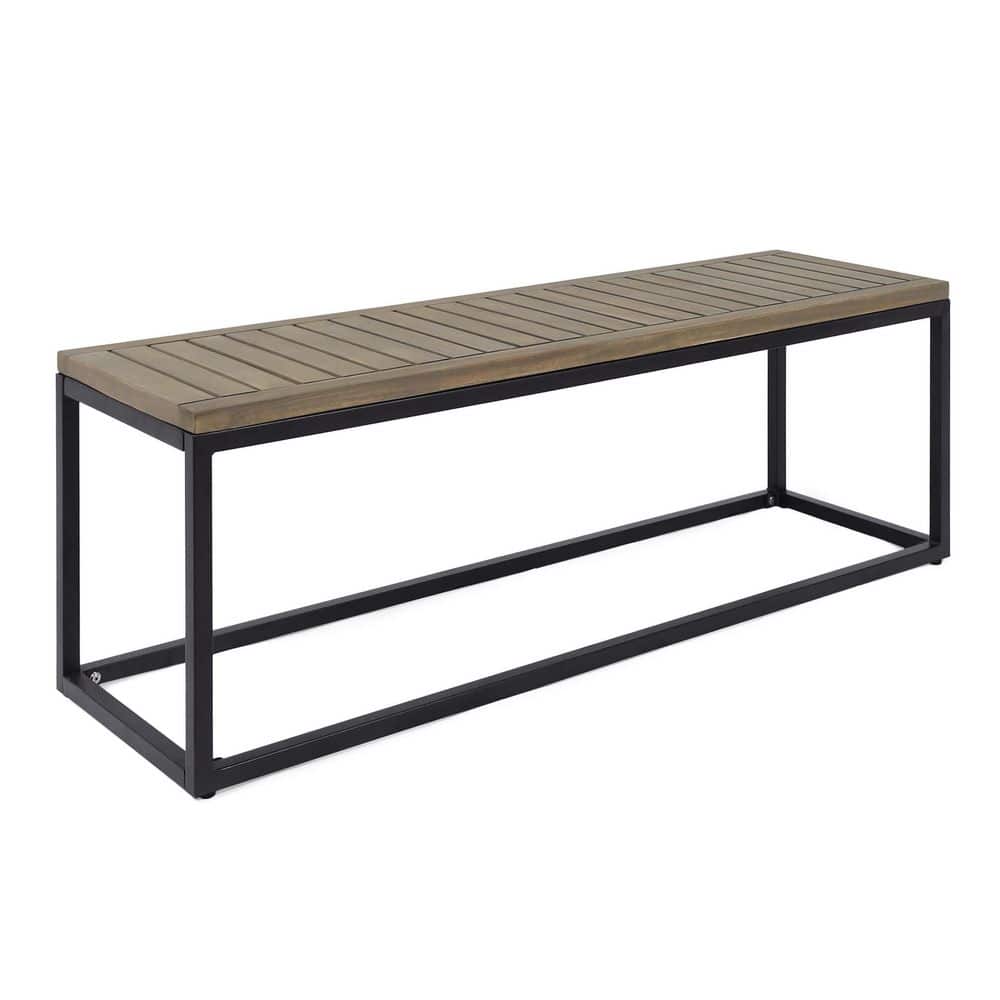 1-Piece Eleganct Wood and Metal Outdoor Bench w/ Grey Acacia Wood ...