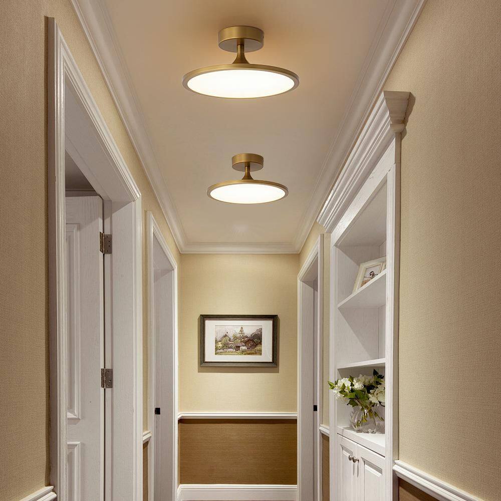 HUOKU Lumin 1-Light 11.8 in. W Brushed Brass Semi-Flush Mount Round ...