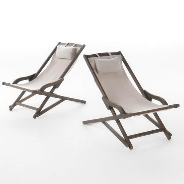 Sudzendf Wood Outdoor Lounge Chair, Beach Sling Chair Set of 2, Beige ...