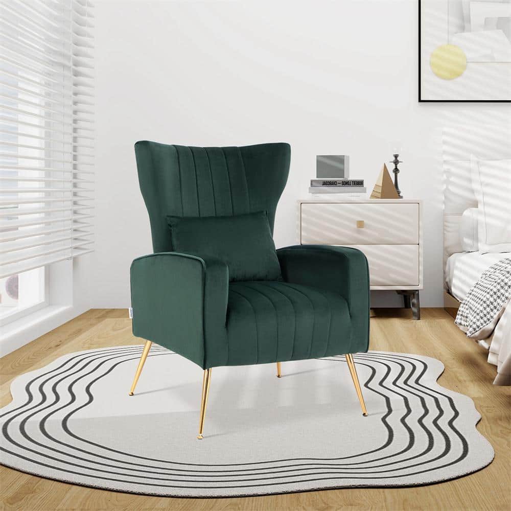 Costway Turquoise Velvet Wingback Upholstered Chair with Lumbar Pillow ...