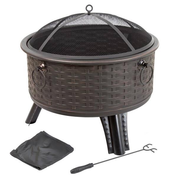 Pure Garden 26 in. Steel Round Woven Fire Pit with Cover M150075 - The ...