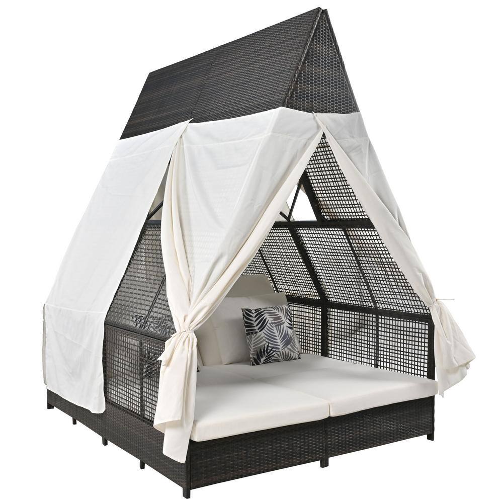 Double PE Wicker Patio Outdoor Sun Couch Lounger Bed with Beach Pillows ...