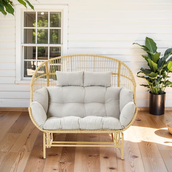 Corina Natural Double Wicker Outdoor Large Glider Egg Chair with Legs and Cushions