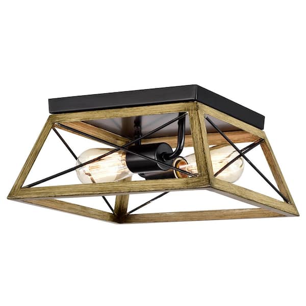 6 in. H x 12 in. W 2-Light Indoor Geometric Wood Texture Flush Mount ...