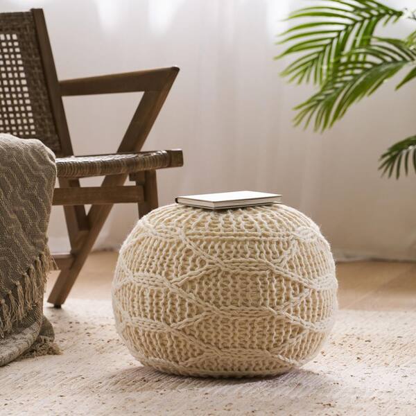 Simple Cream Knitted Wool Round Pouf DQ60494.00CRM - The Home Depot