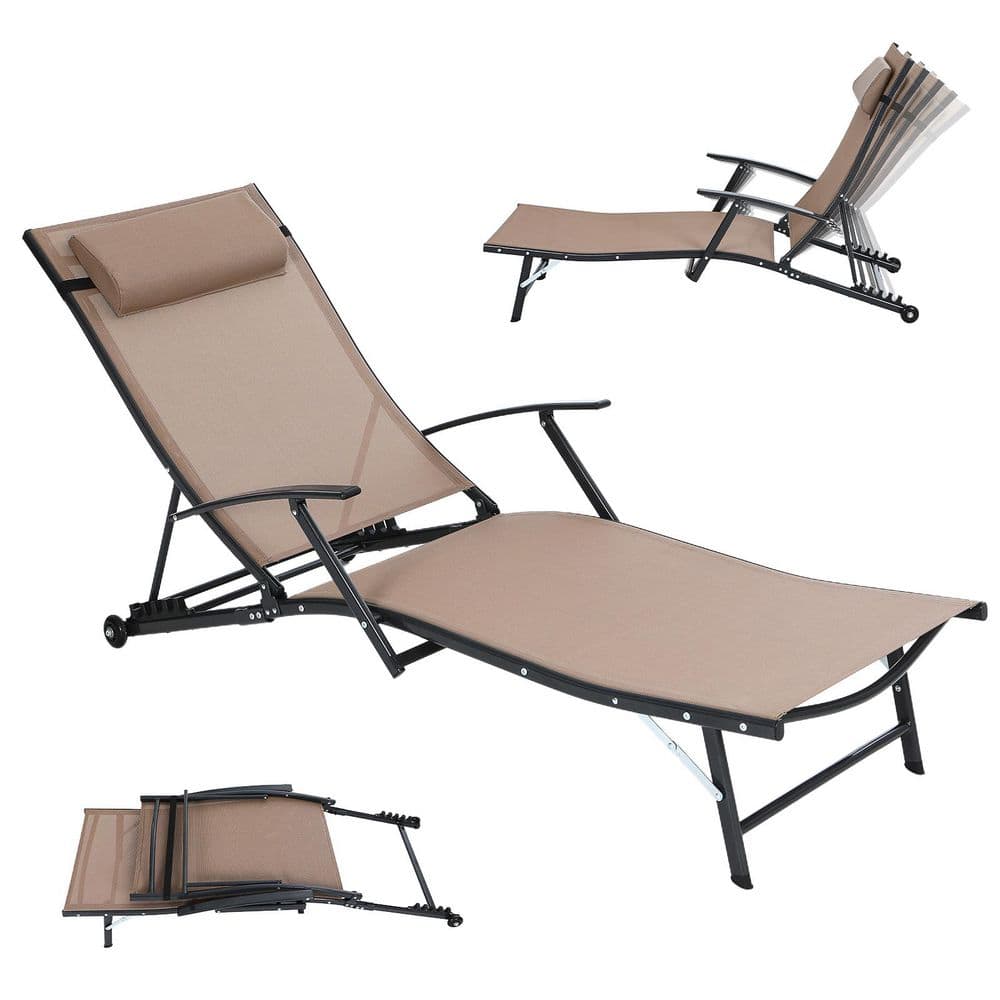 MUKE Outdoor Beige Metal Patio Chaise Lounge with Wheels, 5-Position ...